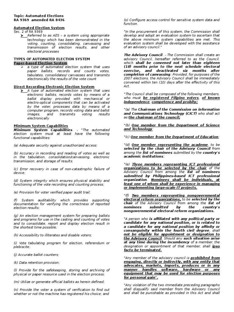 Sec. 2 of RA 9369 : Topic: Automated Elections RA 9369 Amended RA 8436 ...