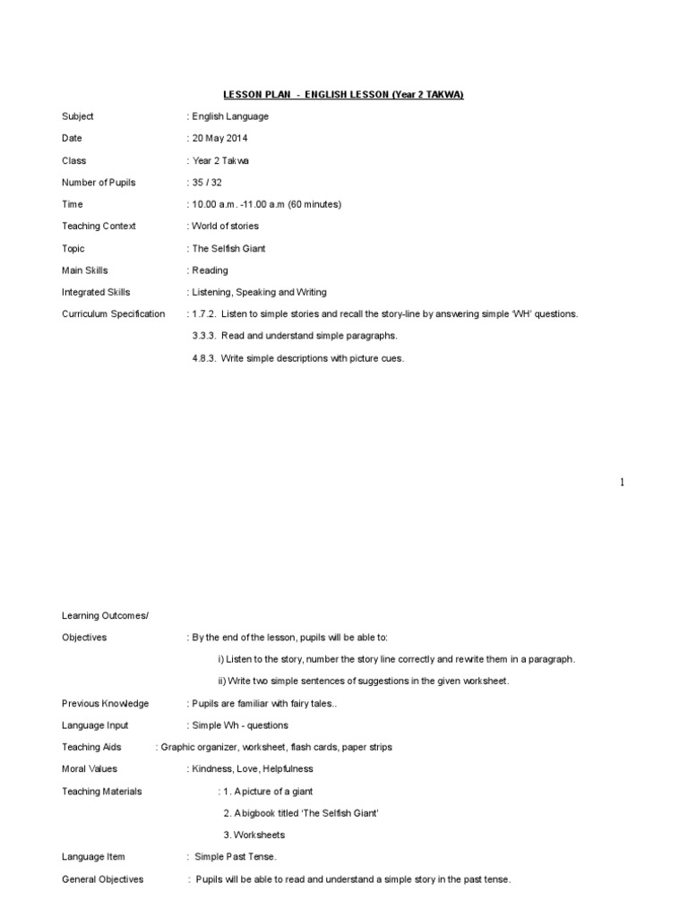 Lesson Plan - English Lesson (Year 2 Takwa) | PDF | Lesson Plan | Question