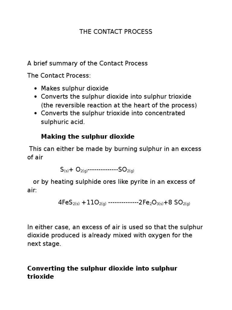 the contact process in the production of sulphuric acid in chemistry ...