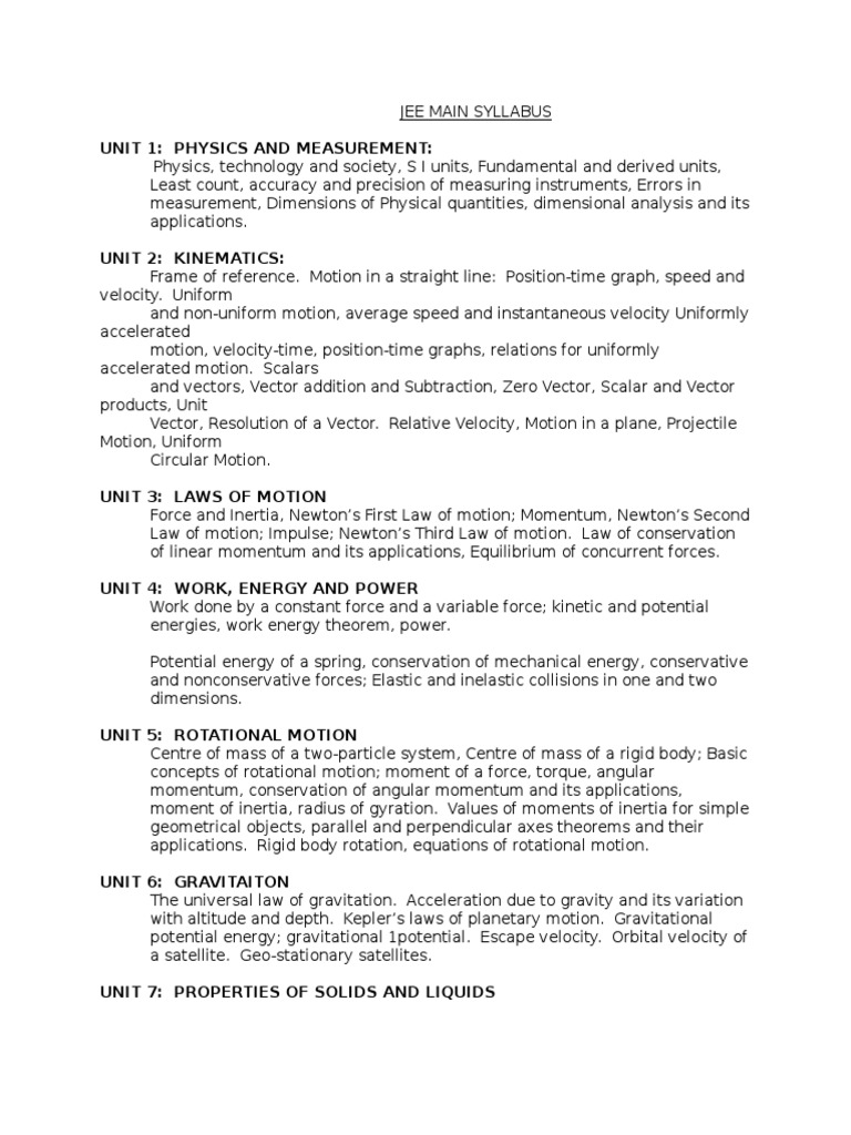 JEE Main Physics Syllabus | PDF | Momentum | Force