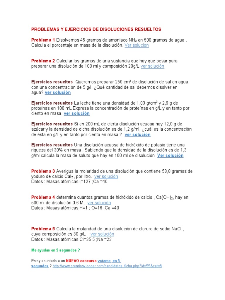 Problemas y Ejercicios de Disoluciones Resueltos | PDF | Elementos químicos | Sustancias químicas