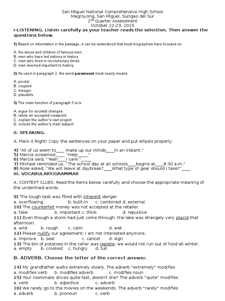 2nd Quarter Assessment01 | PDF | Verb | Adverb