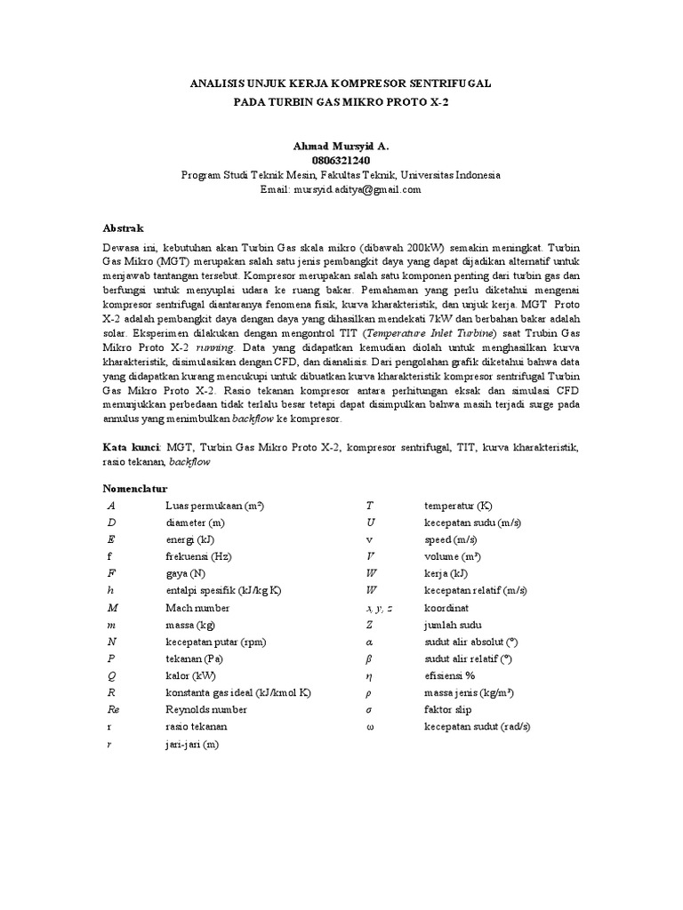 Jurnal Analisis Unjuk Kerja Kompresor Sentrifugal Turbin Gas Mikro | PDF