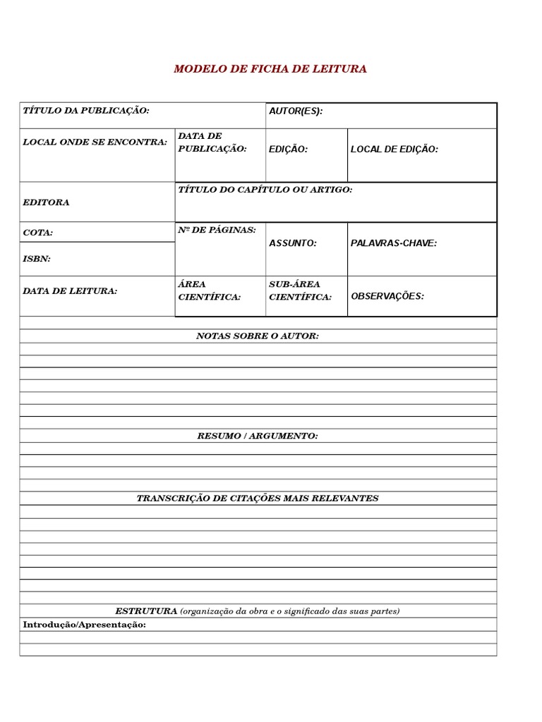 Modelo de Ficha Leitura Nível Universitário | PDF