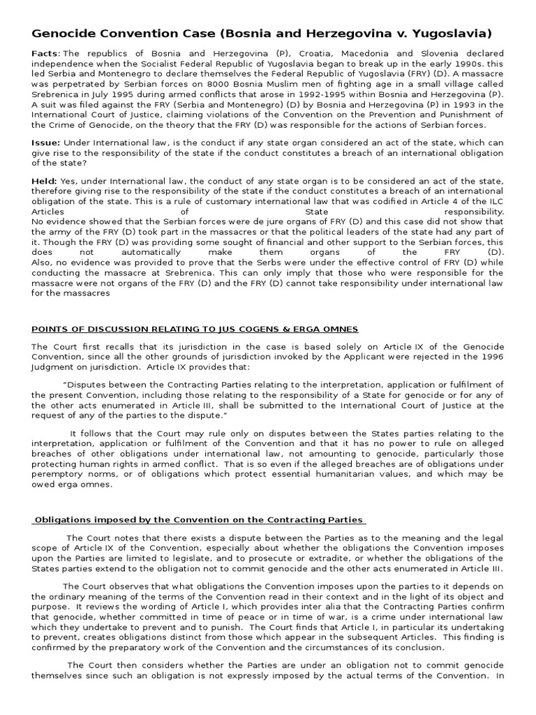 Genocide Convention Case (Bosnia and Herzegovina v. Yugoslavia) | PDF ...