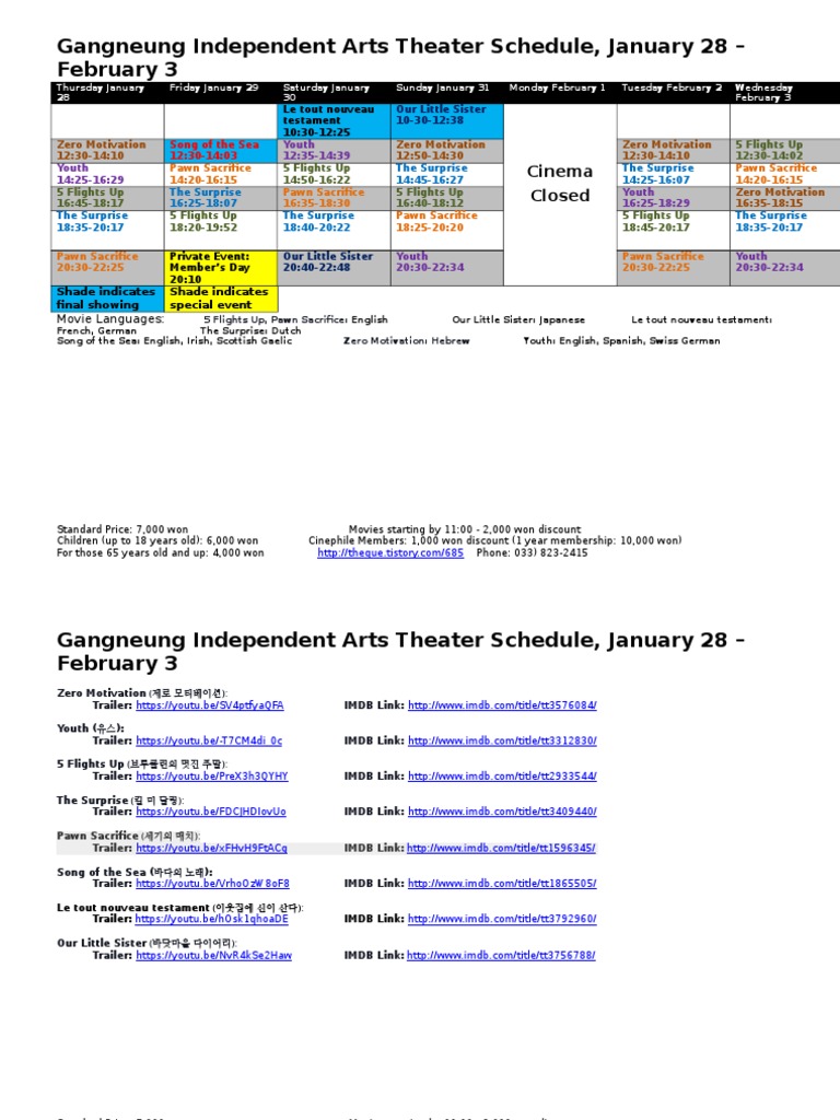 Gangneung Independent Arts Theater Schedule, January 28 - February 3 | PDF