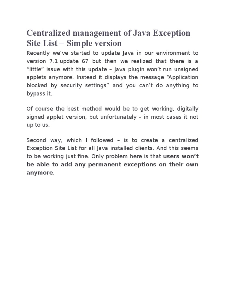 Centralized Management of Java Exception Site List | PDF | Group Policy | Java (Programming ...