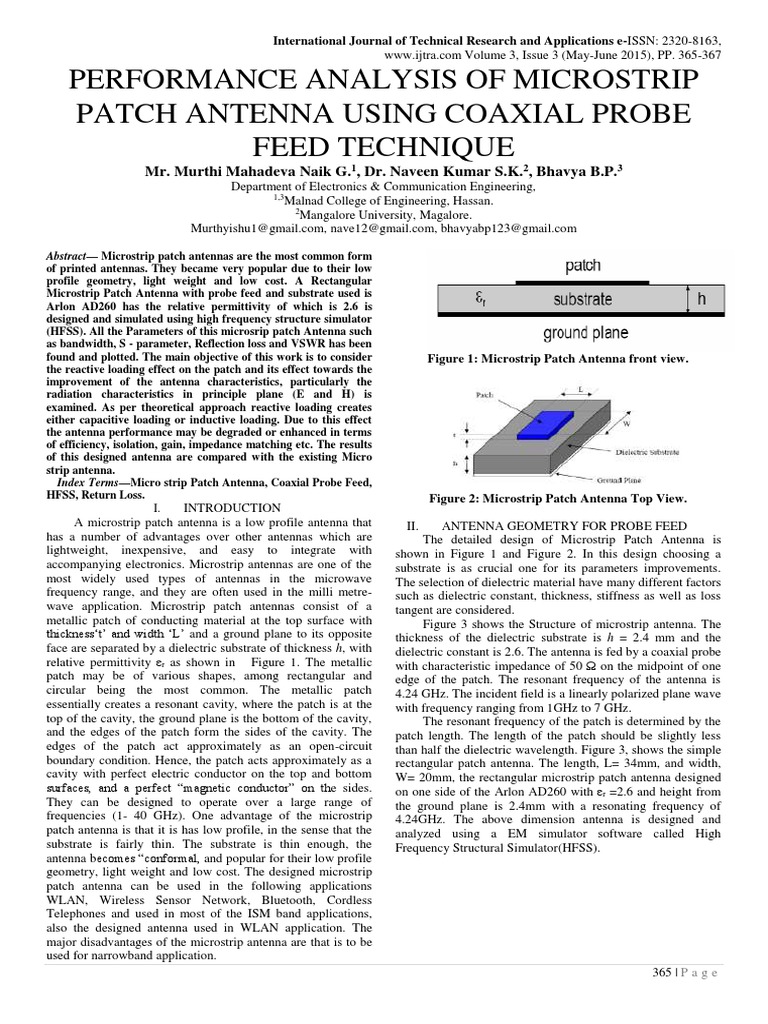 Performance Analysis of Microstrip Patch Antenna Using Coaxial Probe ...