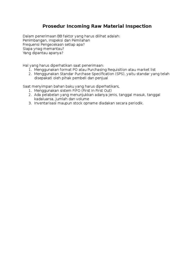 Prosedur Incoming Raw Material Inspection | PDF