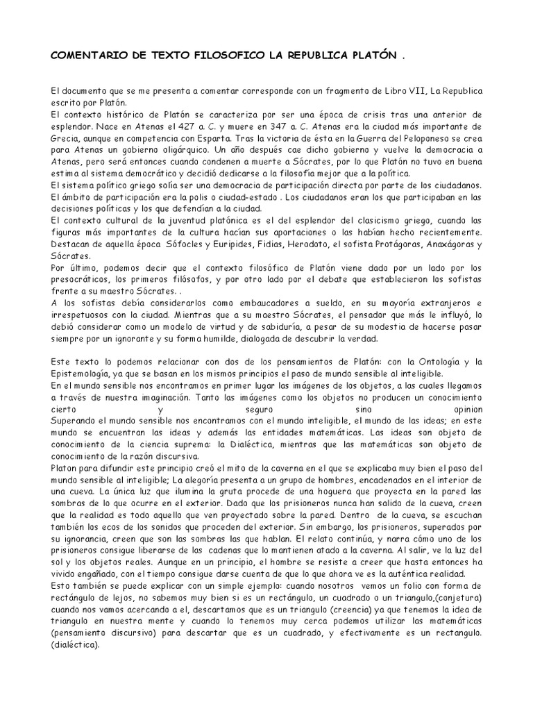 Comentario de Texto Filosofico La Republica Platón | Platón | Epistemología