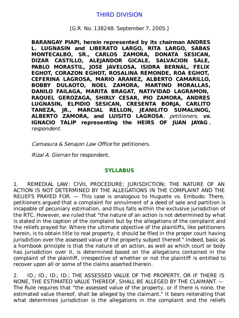 Barangay Piapi V Talip | PDF | Separation Of Powers | Constitutional Law