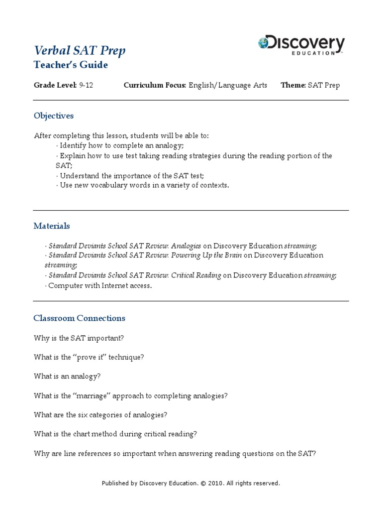 Verbal SAT Prep: Teacher's Guide | PDF | Sat | Analogy