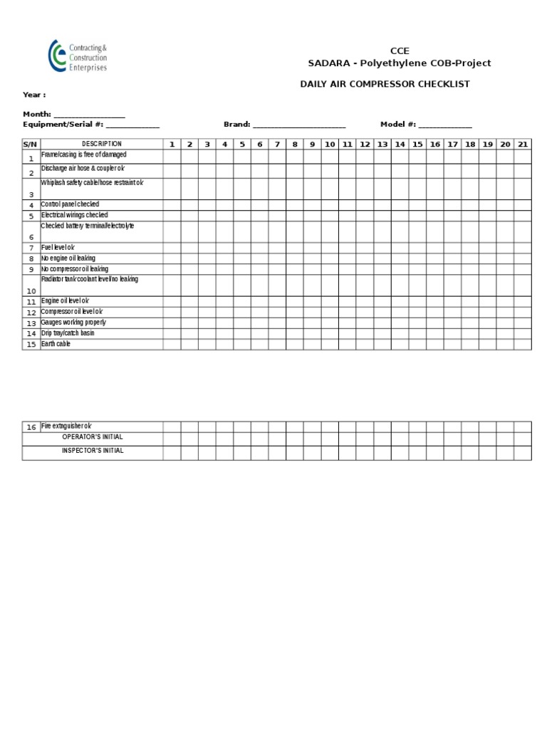 Air Compressor Daily Checklist | PDF | Electrical Engineering ...