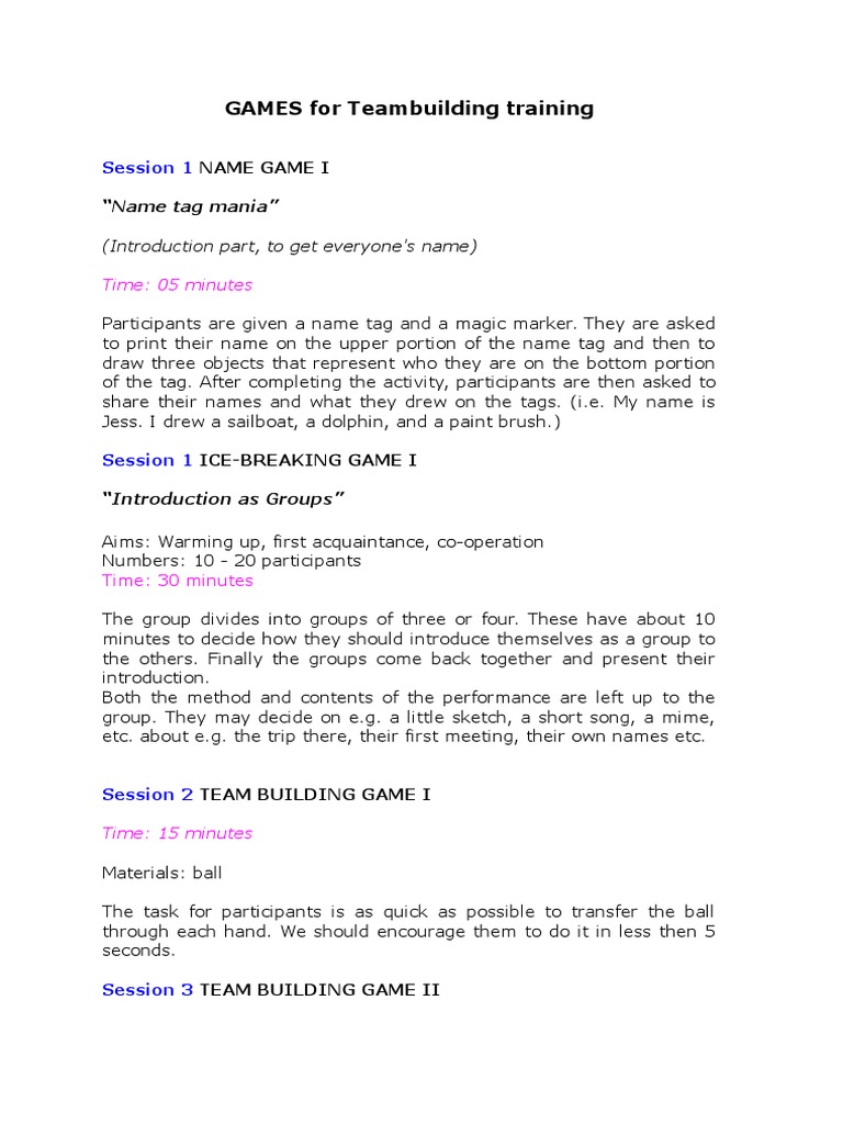 GAMES For Teambuilding Training: Session 1 | PDF | Facilitator ...