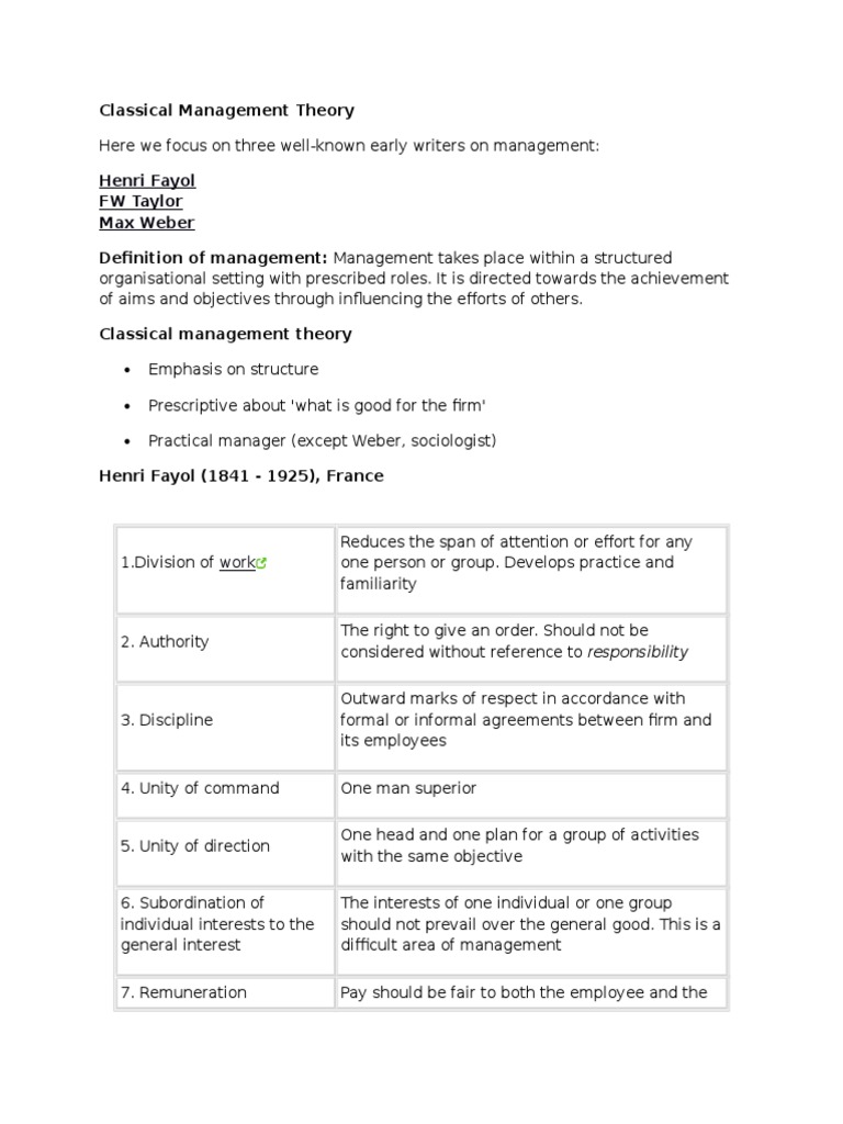Overview of Classical Management Theory | PDF | Max Weber | Employment