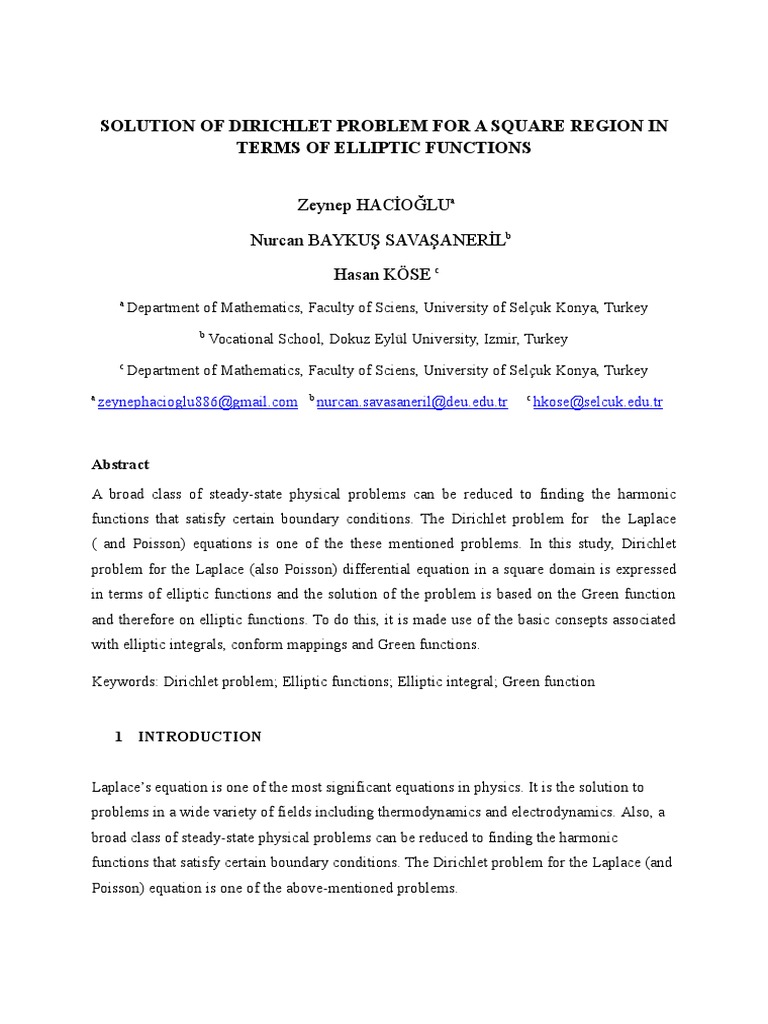 Solution of Dirichlet Problem For A Square Region in Terms of Elli̇pti̇c Functi̇ons | PDF ...