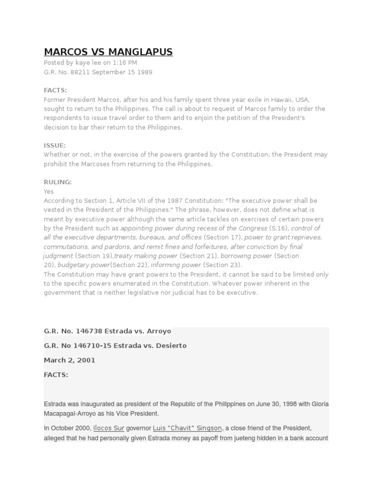 Marcos Vs Manglapus | PDF | Presidents Of The United States | American ...
