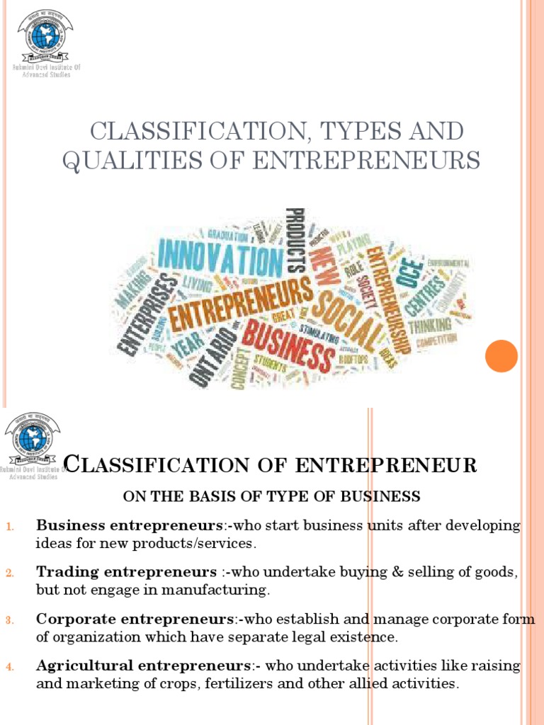 Classification Types and Qualities of Entrepreneurs | PDF