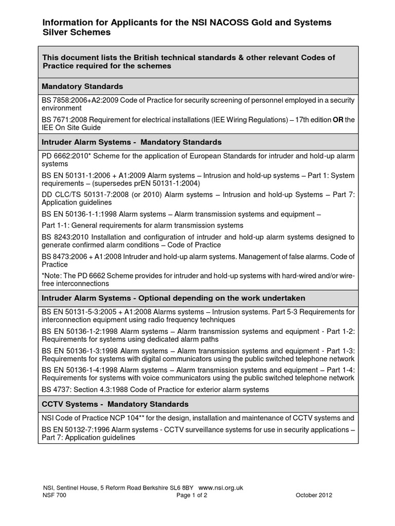 Technical Standards and Codes of Practice Required for the NSI NACOSS ...