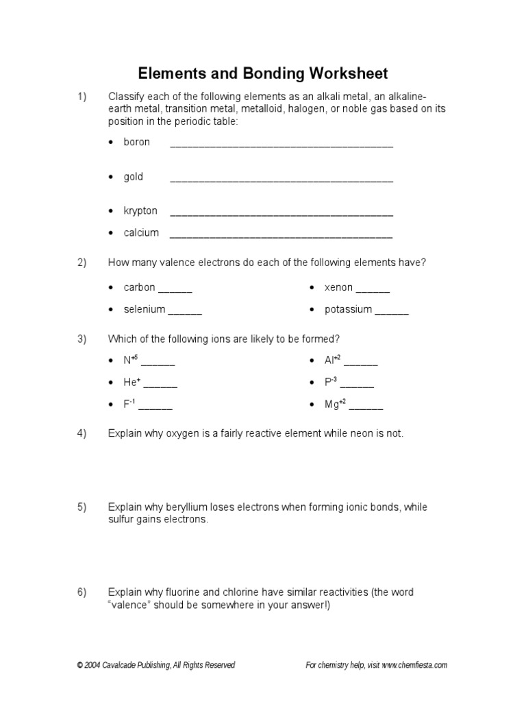 Elements and Bonding Worksheet: © 2004 Cavalcade Publishing, All Rights ...