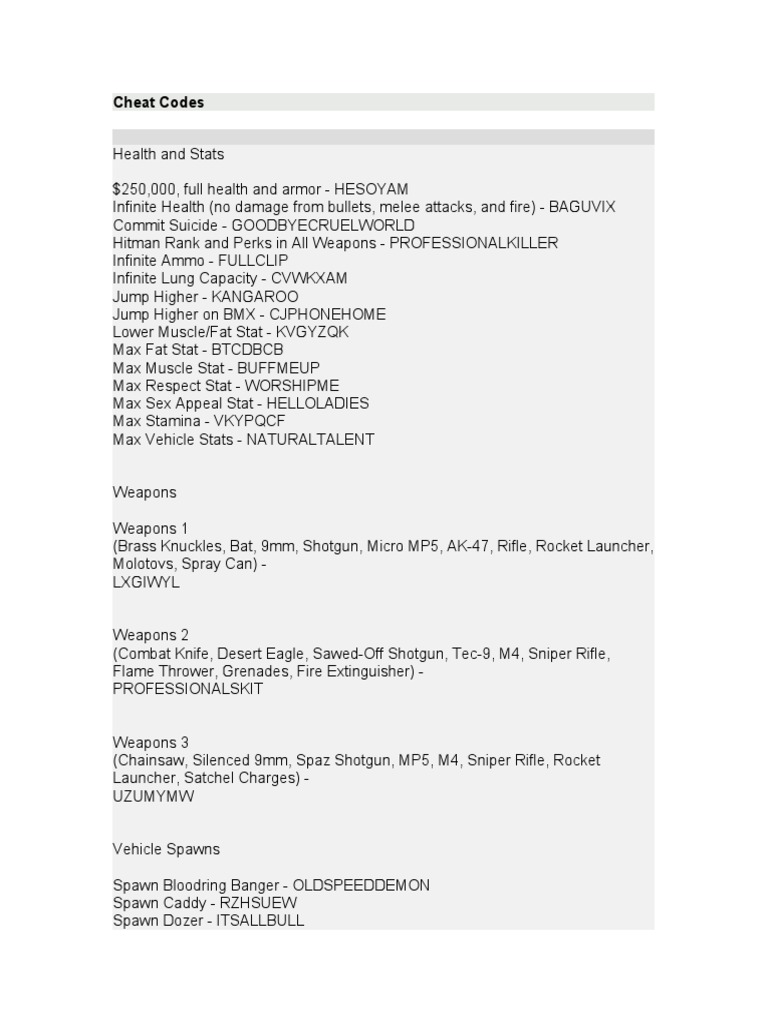 GTA Cheat Codes | PDF | Weaponry | Leisure