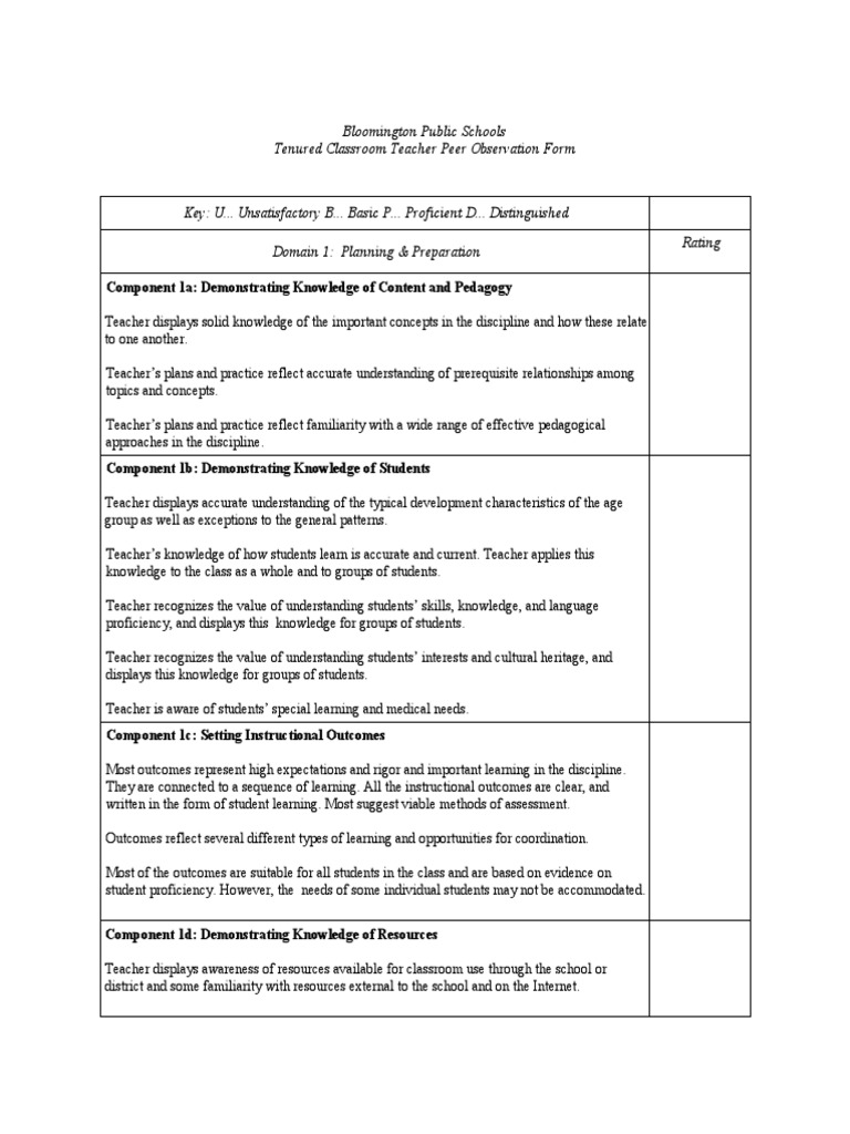 Bloomington Public Schools Tenured Classroom Teacher Peer Observation ...