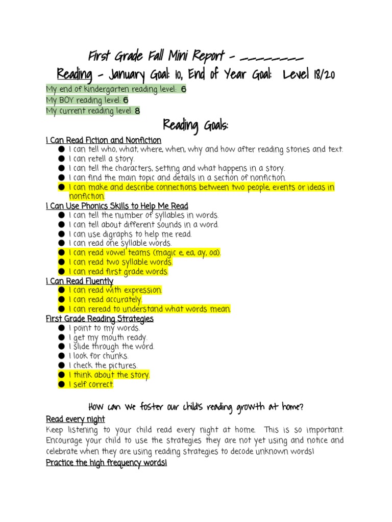 First Grade Fall Mini Report - : Reading - January Goal: 10, End of ...