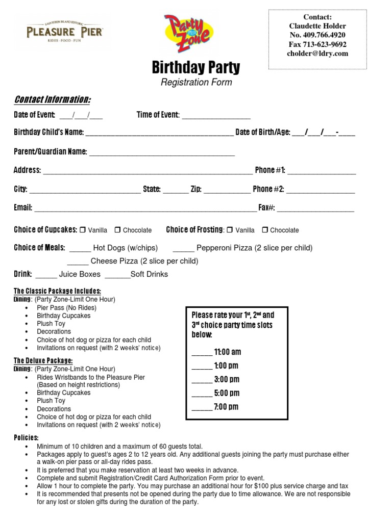 Birthday Party Registration Form | PDF | Credit Card | Cheque