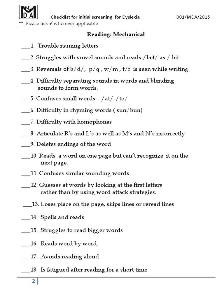 Initial Dyslexia Screening Checklist | PDF | Dyslexia | Understanding