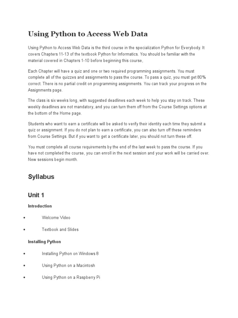 Syllabus Using Python To Access Web Data | PDF | Xml | World Wide Web