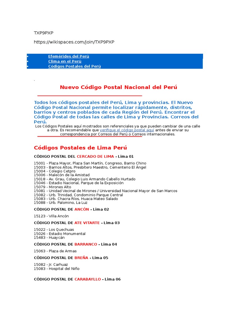 Nuevo Código Postal Nacional del Perú: Listado completo de códigos ...