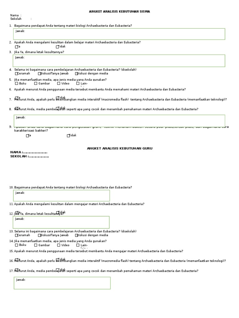 Angket Analisis Kebutuhan Siswa Print | PDF