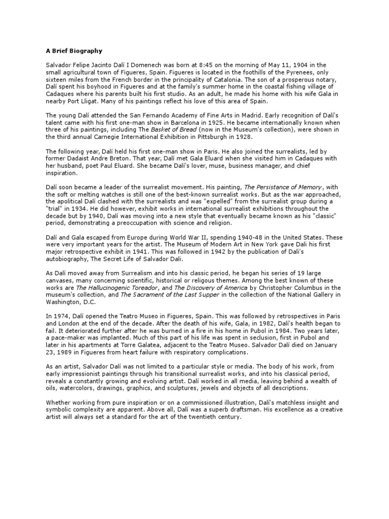 Brief Biography of Surrealist Artist Salvador Dali | PDF | Salvador ...