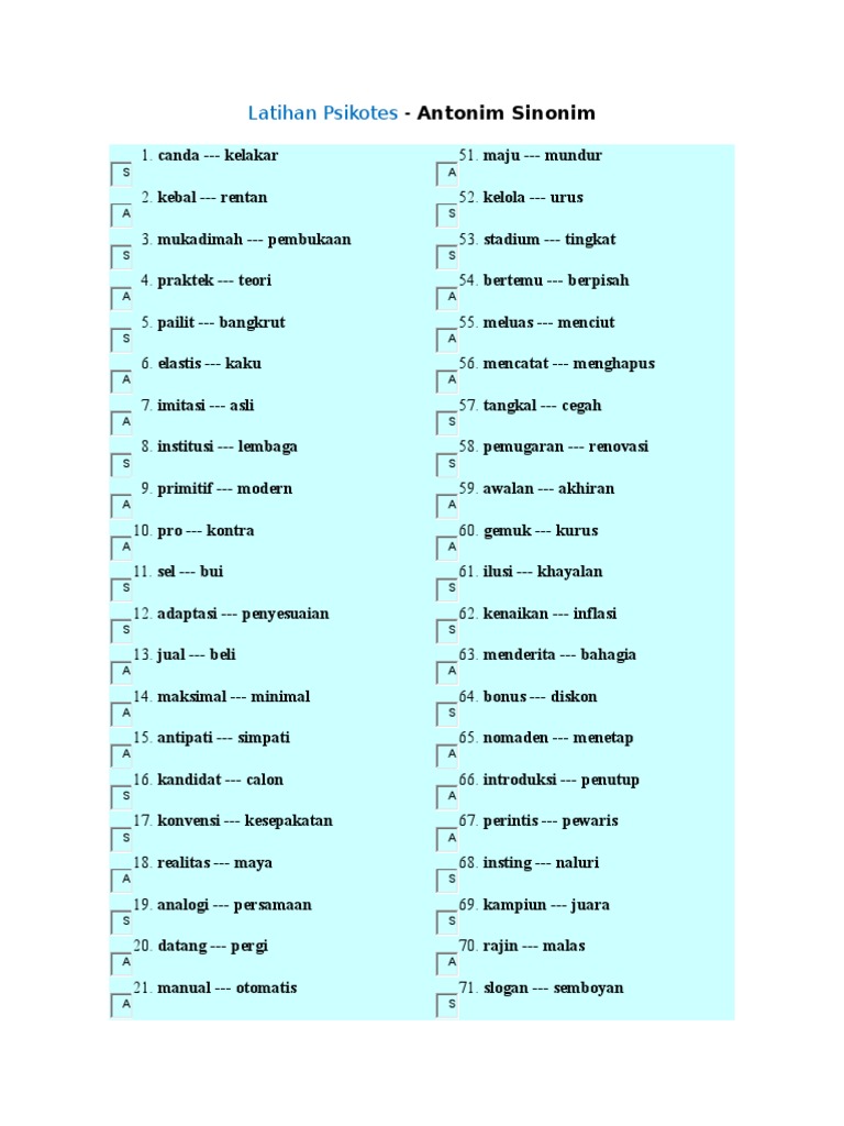 Latihan Psikotes - Antonim Sinonim | PDF