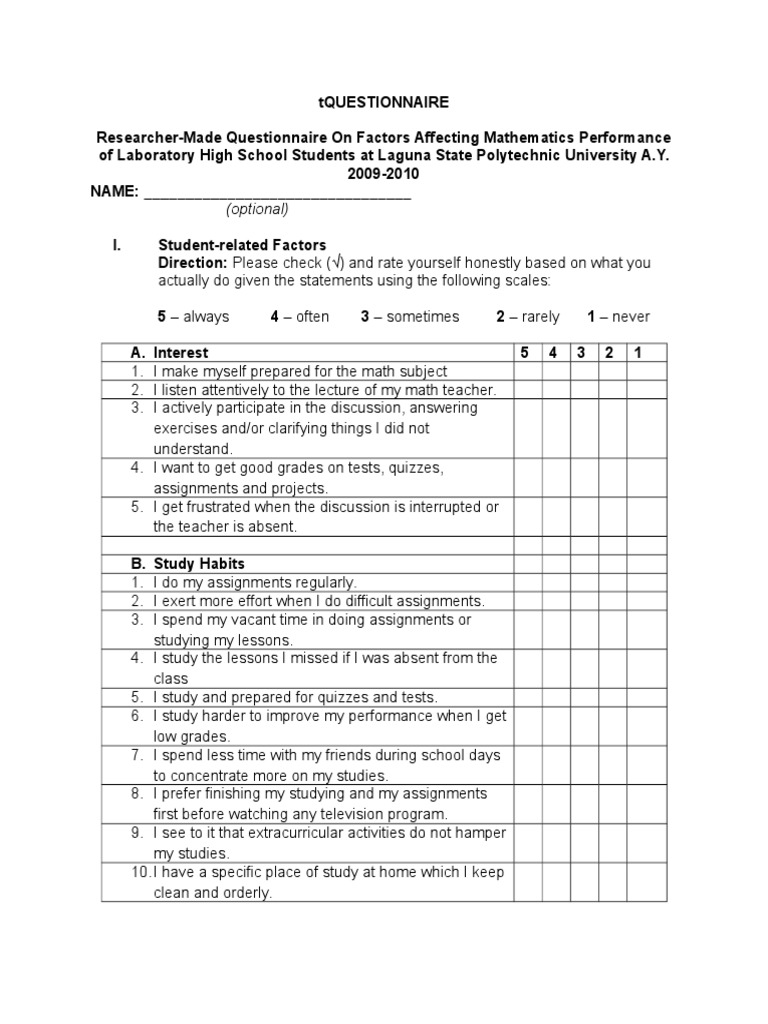 Survey on Factors Influencing Math Performance | PDF | Questionnaire ...