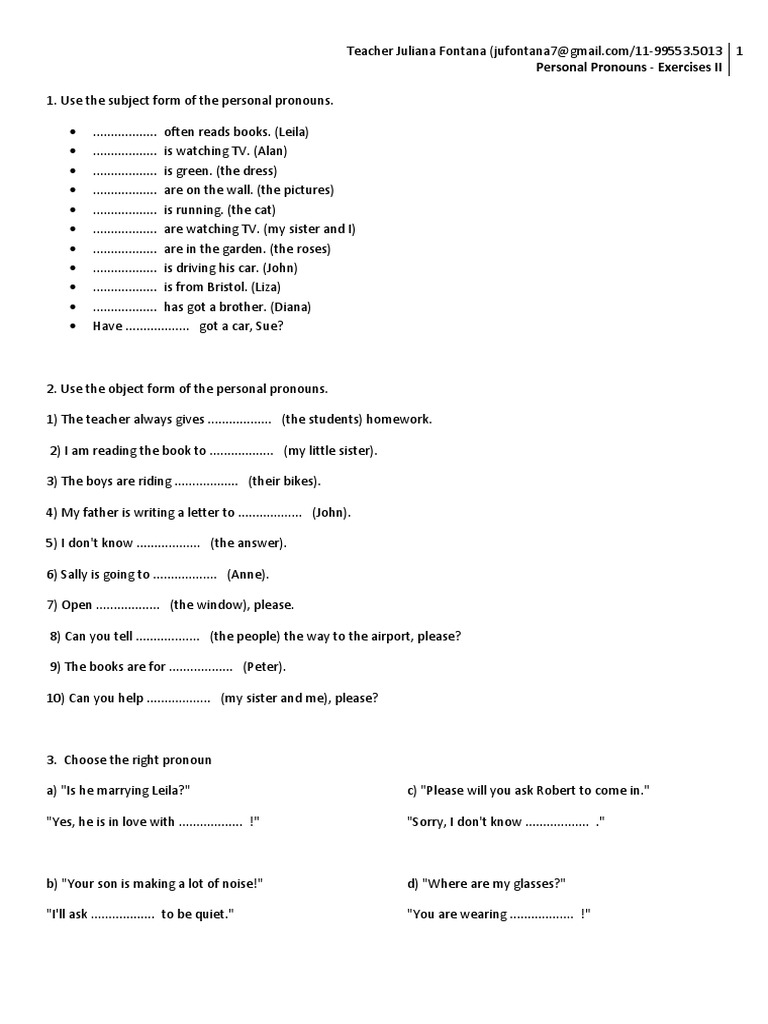 Personal Pronouns Exercises for Beginners | PDF