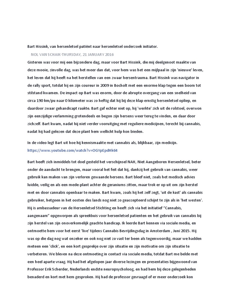 Onderzoek Cannabis en Hersenletsel Bart Hissink en Erik Scherder | PDF