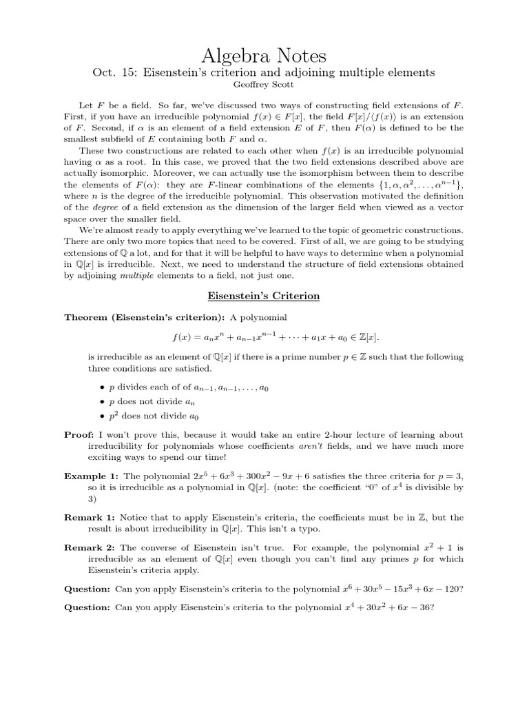 Eisenstein Criteria | PDF | Field (Mathematics) | Basis (Linear Algebra)