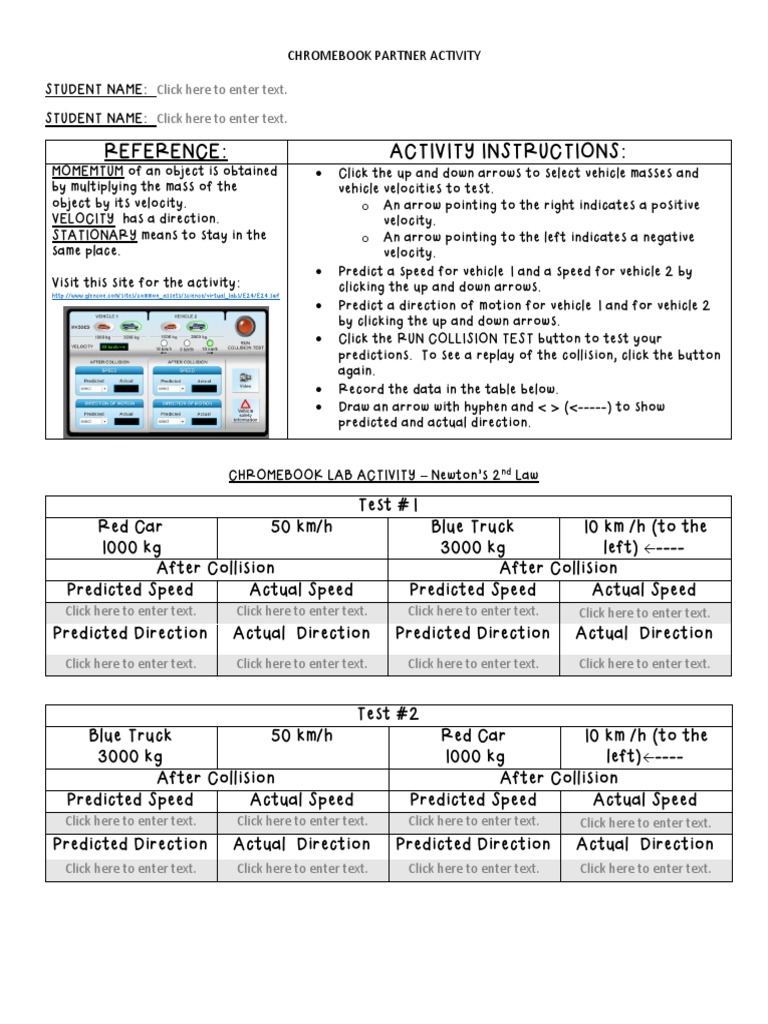 Chromebook Lab Activity Newtons 2nd Law | PDF