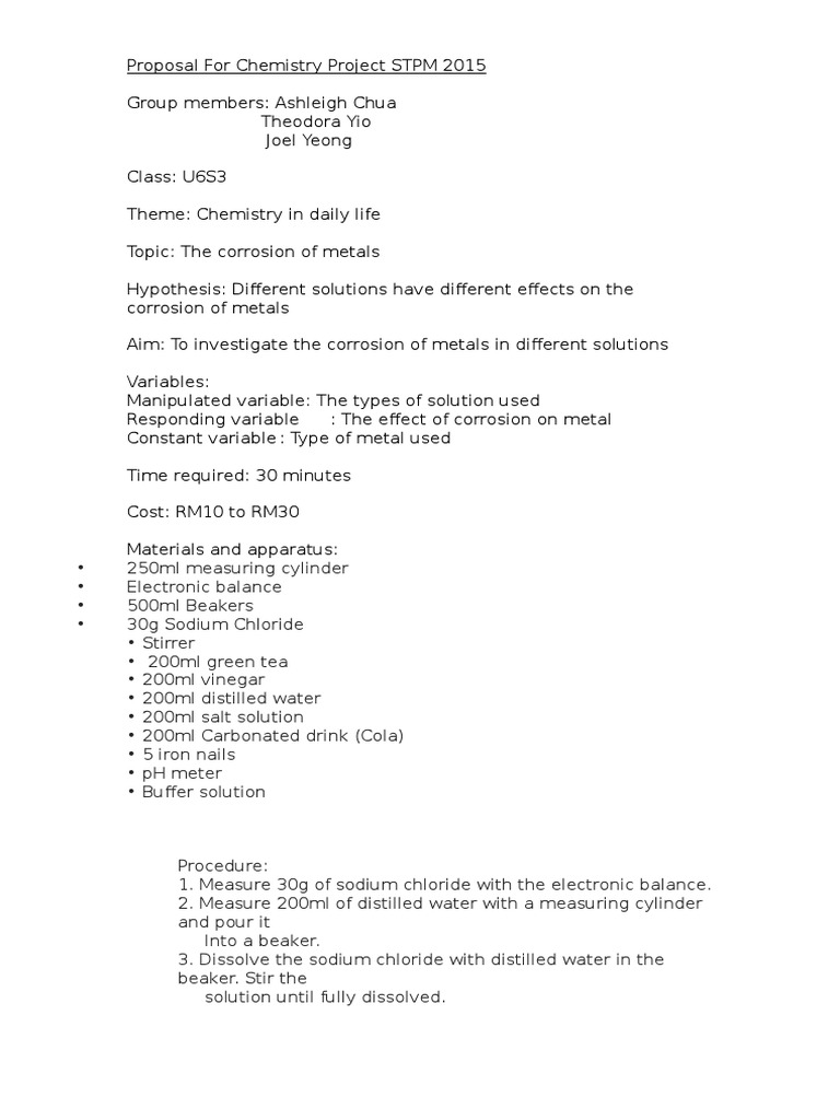 Proposal For Chemistry Project STPM 2015 | PDF