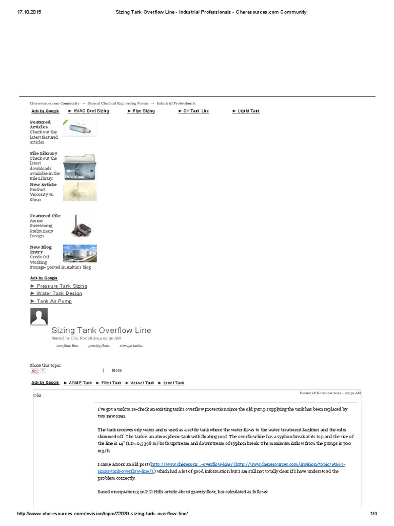 Sizing Tank Overflow Line (U-Seal) - Cheresources | PDF | Pressure | Volume