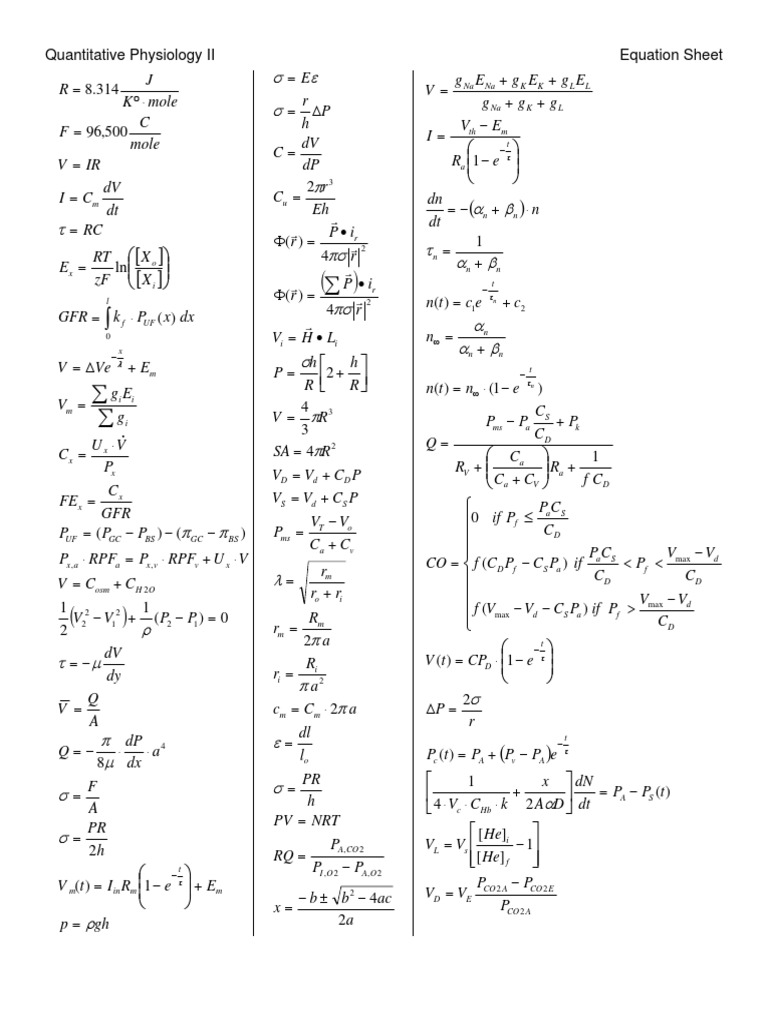 Quantitative Physiology II Equation Sheet | PDF