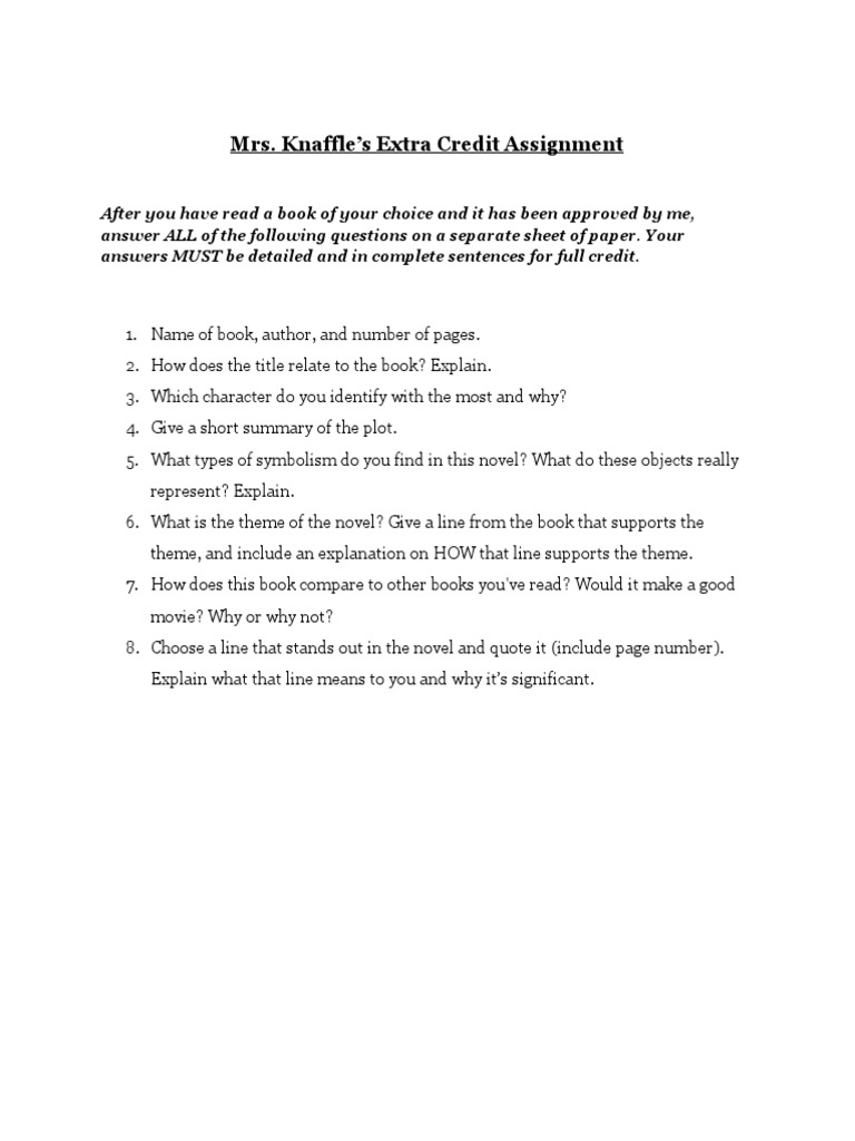 Book Analysis Extra Credit Guide | PDF | Language Arts & Discipline ...