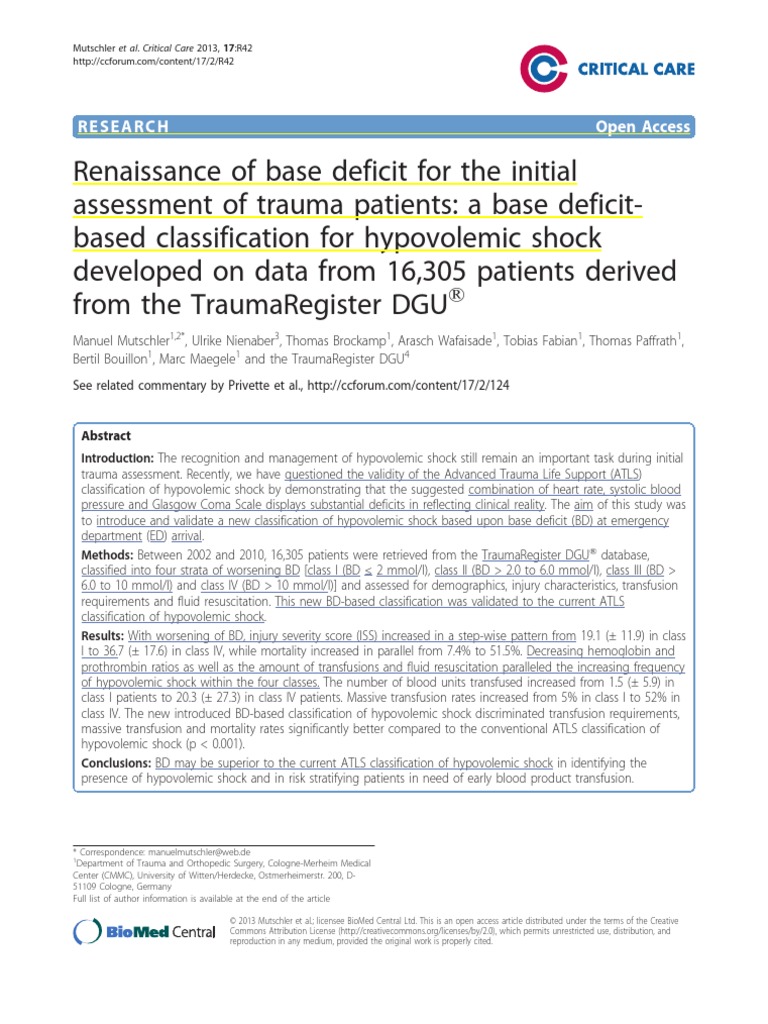 Renaissance of Base Deficit For The Initial Assessment of Trauma ...