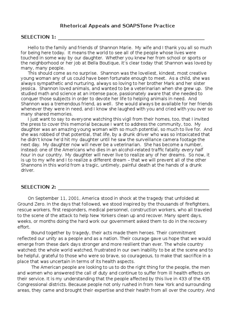 Rhetorical Appeals and Soapstone Practice Selection 1 | PDF | Politics