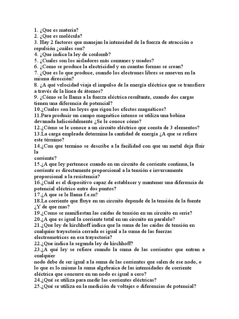 Cuestionario de Electricidad Básica | PDF | Corriente eléctrica | voltaje