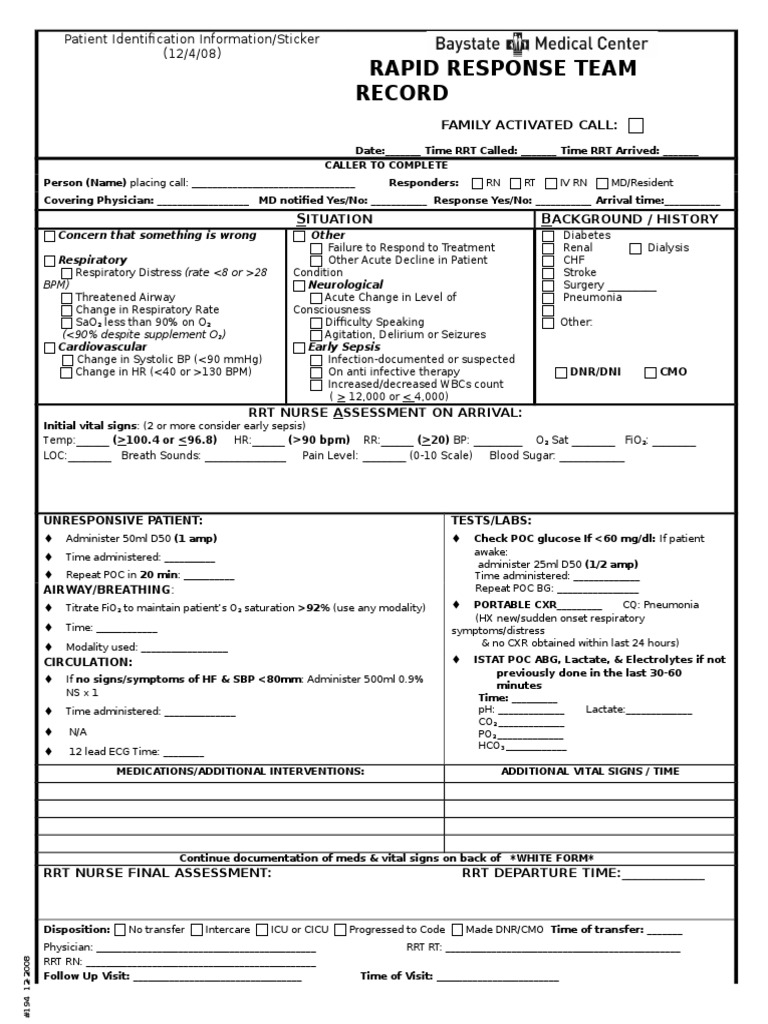 Baystate Med CTR Rapid Response Team Recordwith SBAR | PDF ...