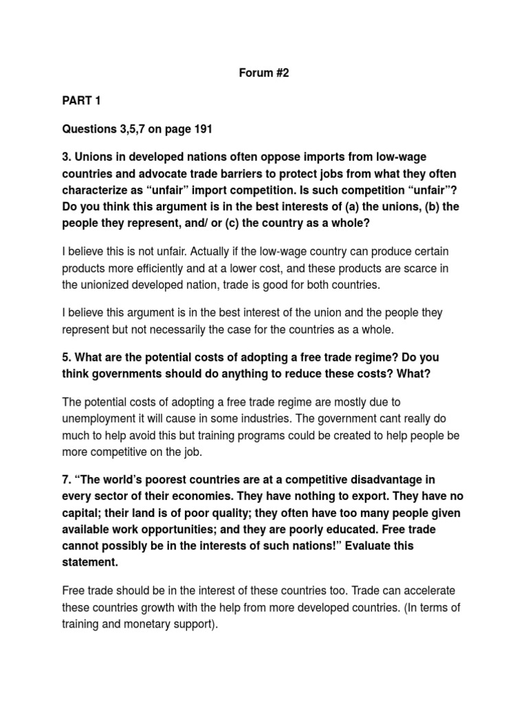 IBUS 321 Forum Q and A | PDF | Free Trade | Labour Economics