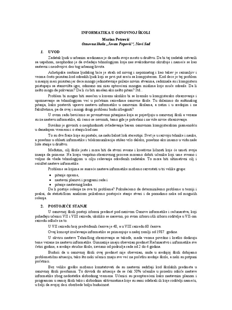 Informatika U Osnovnoj Školi | PDF