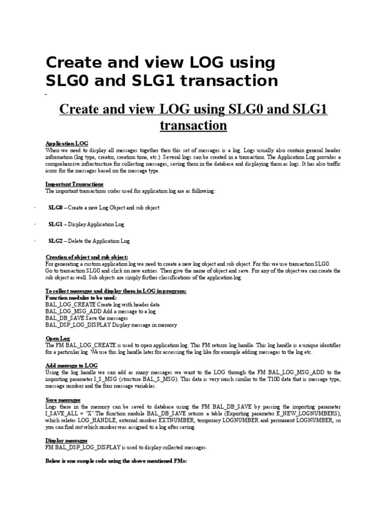 Create And View Log Using Slg0 And Slg1 Transaction Pdf Object Computer Science Database